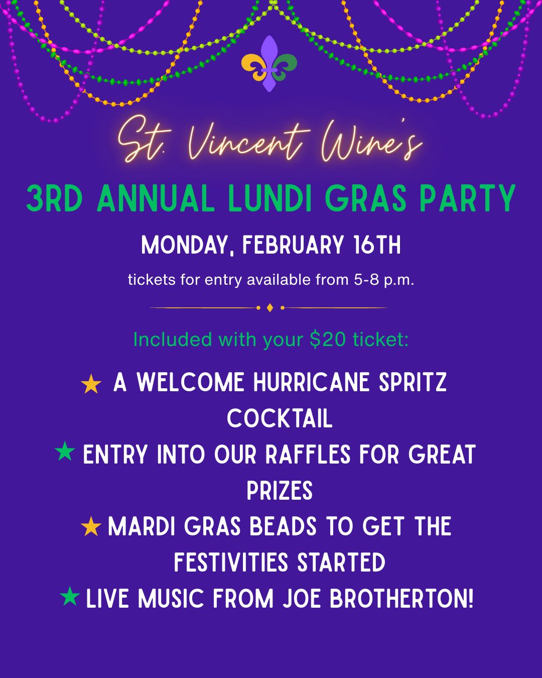 St. Vincent Wine Third Annual Lundi Gras Party! - Joyraft